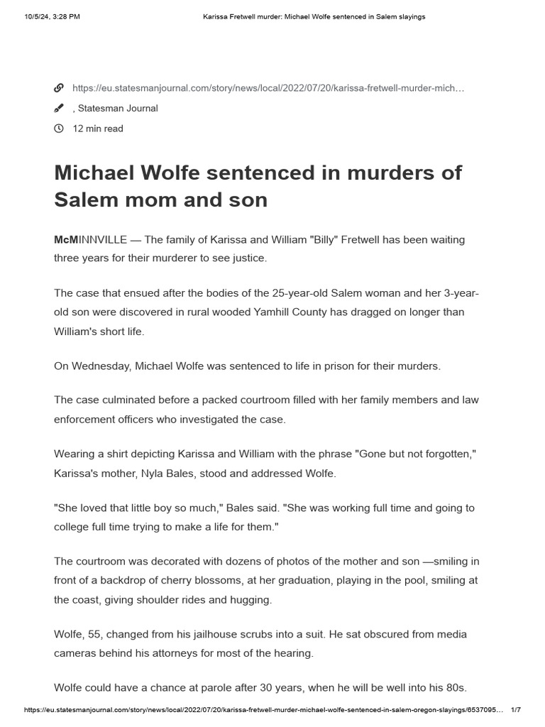 Karissa Fretwell Murder - Michael Wolfe Sentenced in Salem Slayings | PDF