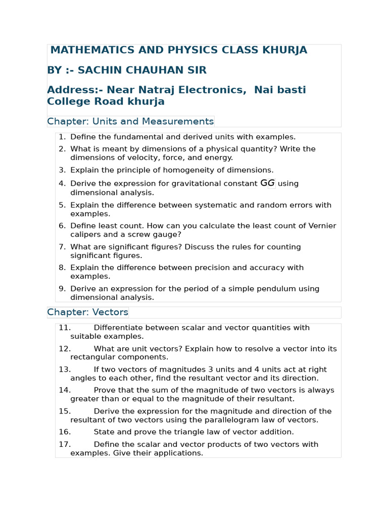 class 11 physics important questions | PDF