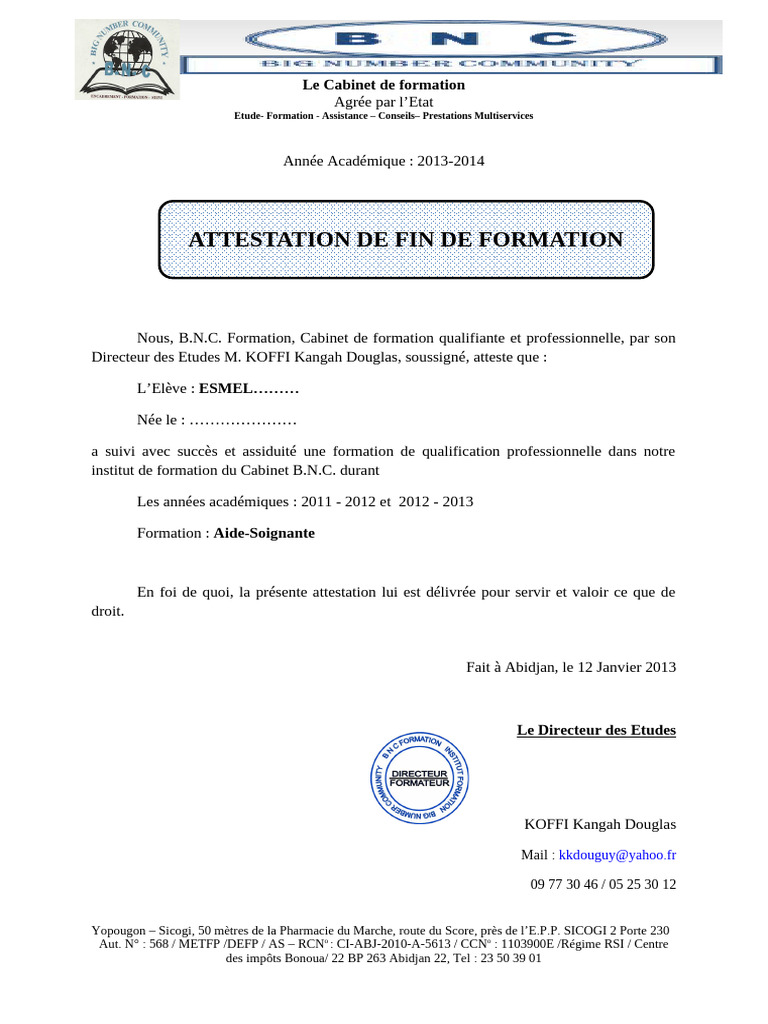 ATTESTATION DE FIN DE FORMATION esmel | PDF