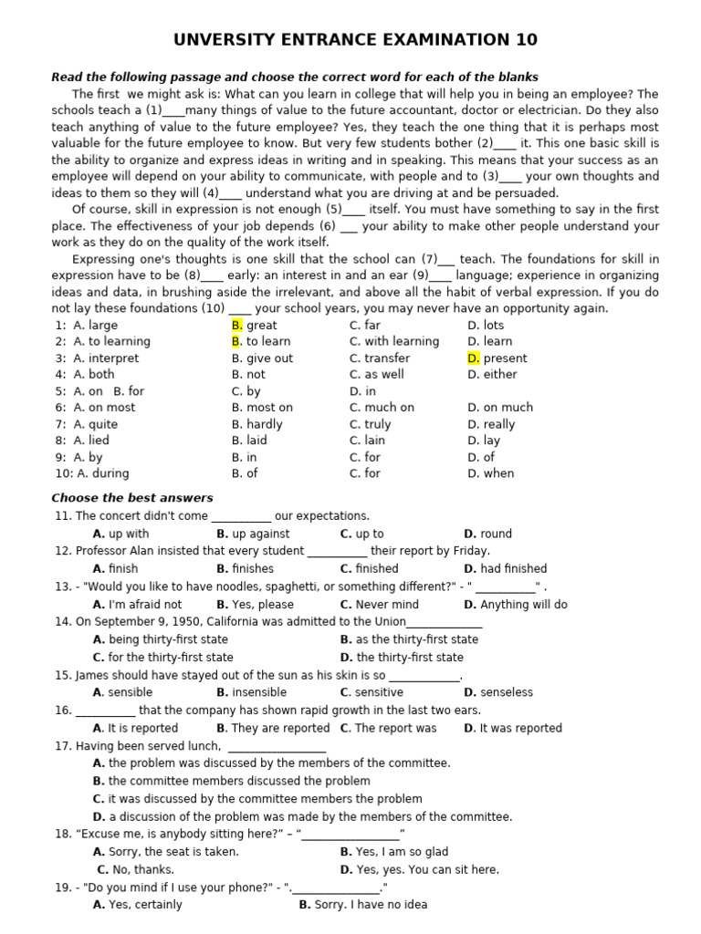 University Entrance Exam 10 | PDF