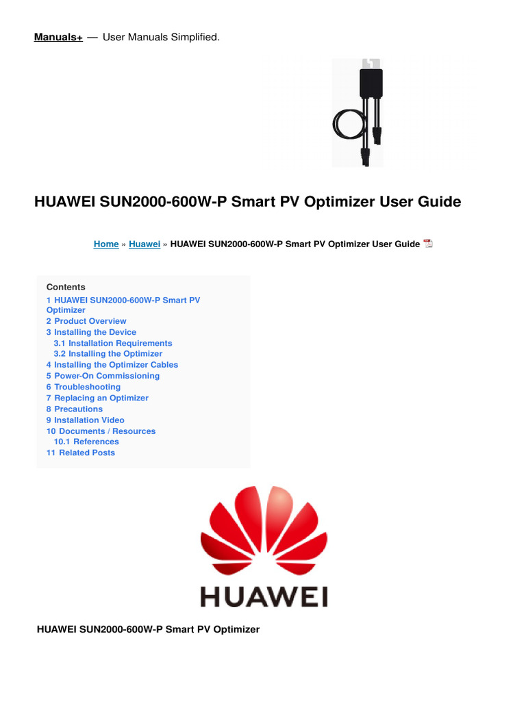 Huawei SUN2000-600W-P Optimizer Guide | PDF | Solar Panel | Power Inverter