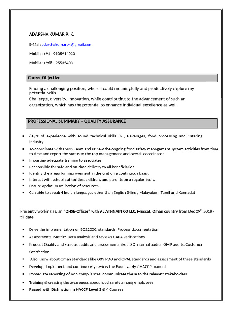 CV-adarsh Kumar - Food Safety Professional | PDF