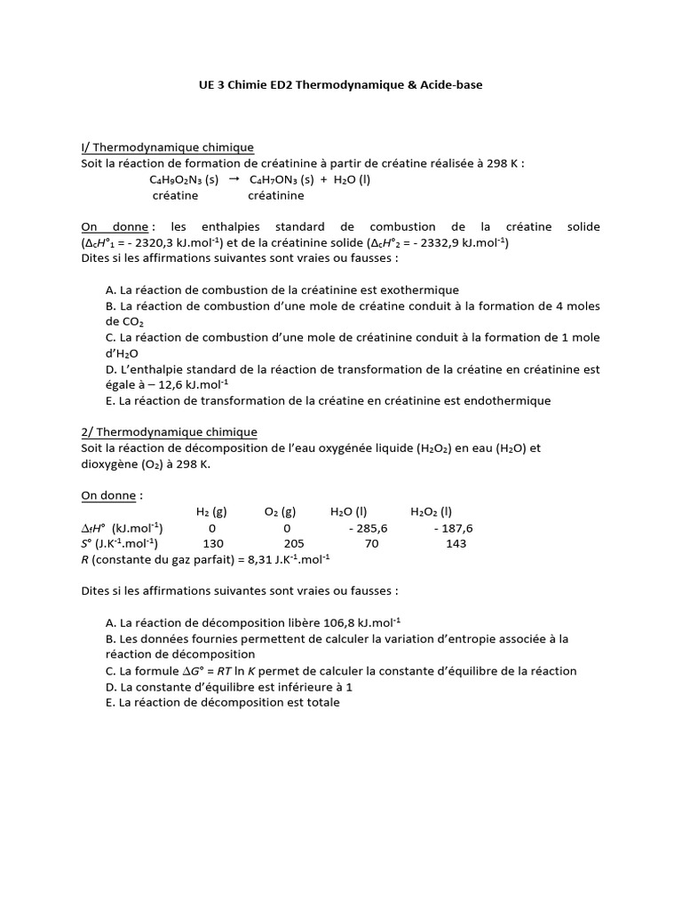 UE3 Chimie ED2 Thermodynamique Acide-Base 2023 | PDF