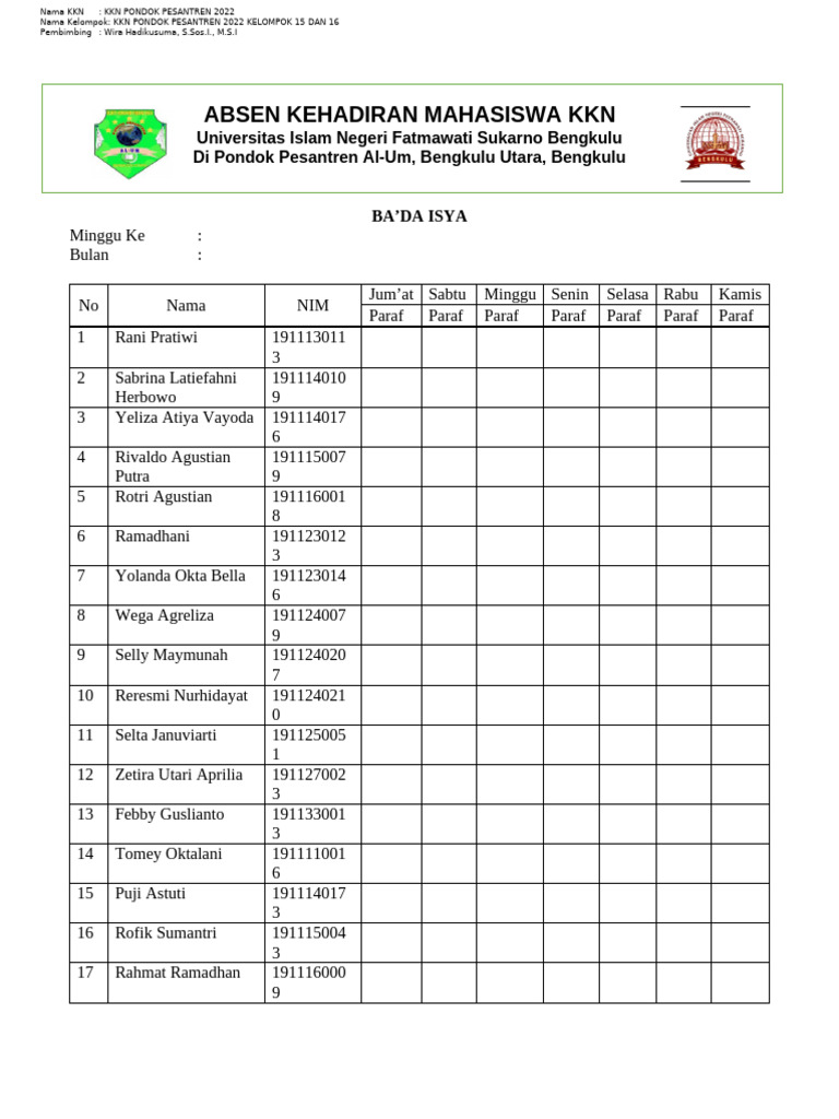 Absen Kehadiran Mahasiswa KKN | PDF