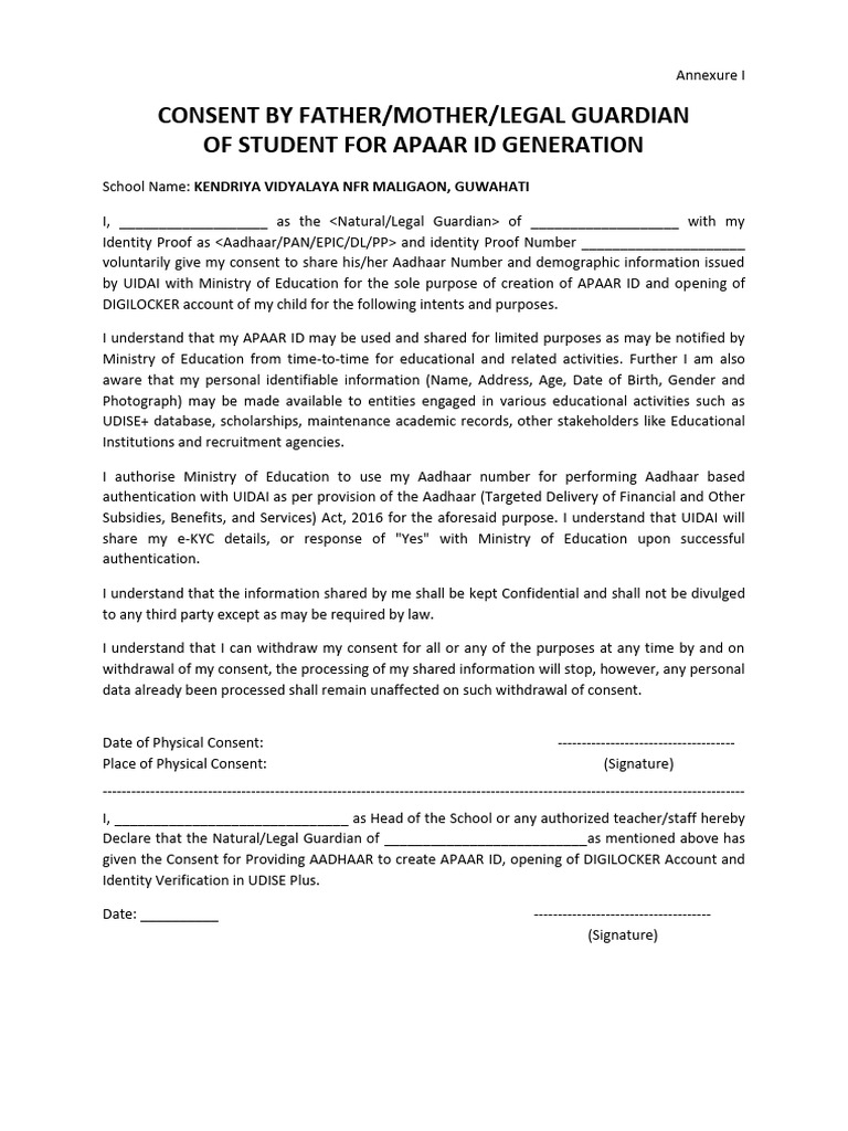 Parental Consent for APAAR ID Generation | PDF | Privacy | Justice