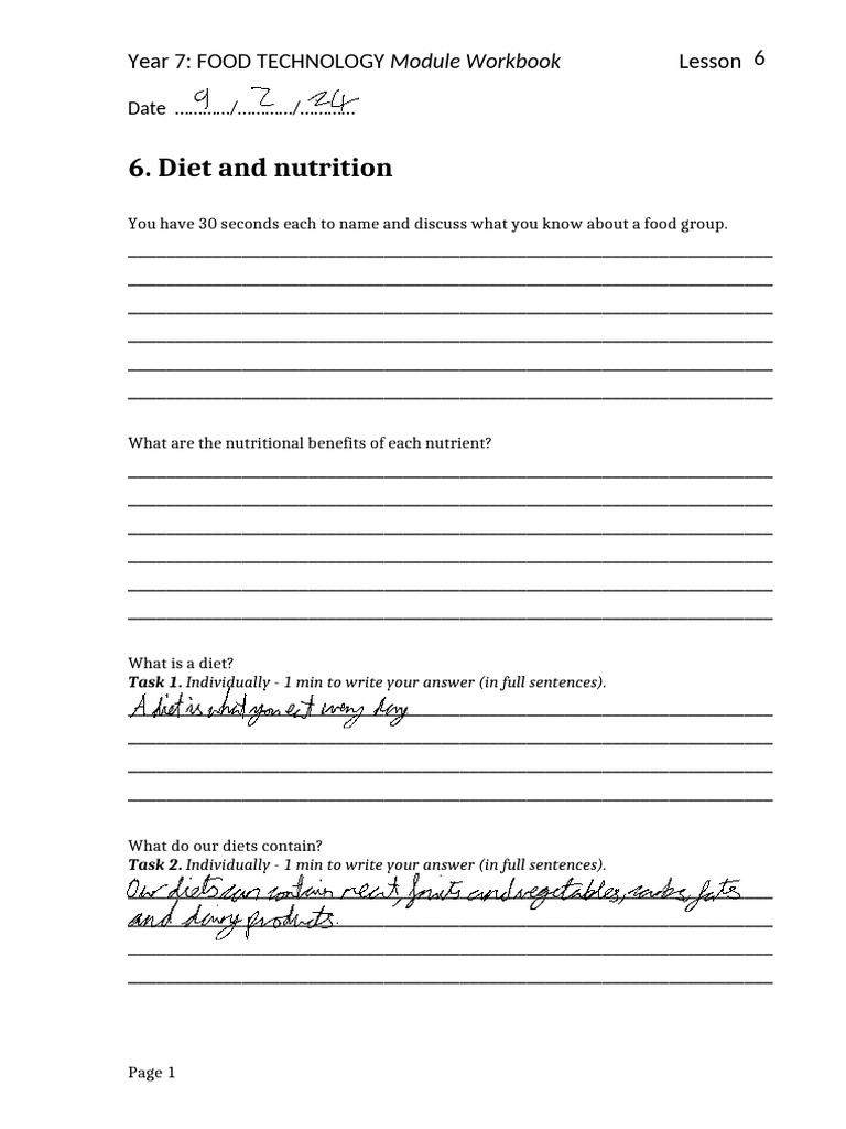 6 Diet and Nutrition WORKSHEET | PDF