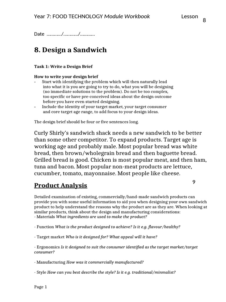 8 Sandwich Project - Design Brief, Product Analysis and Specification | PDF