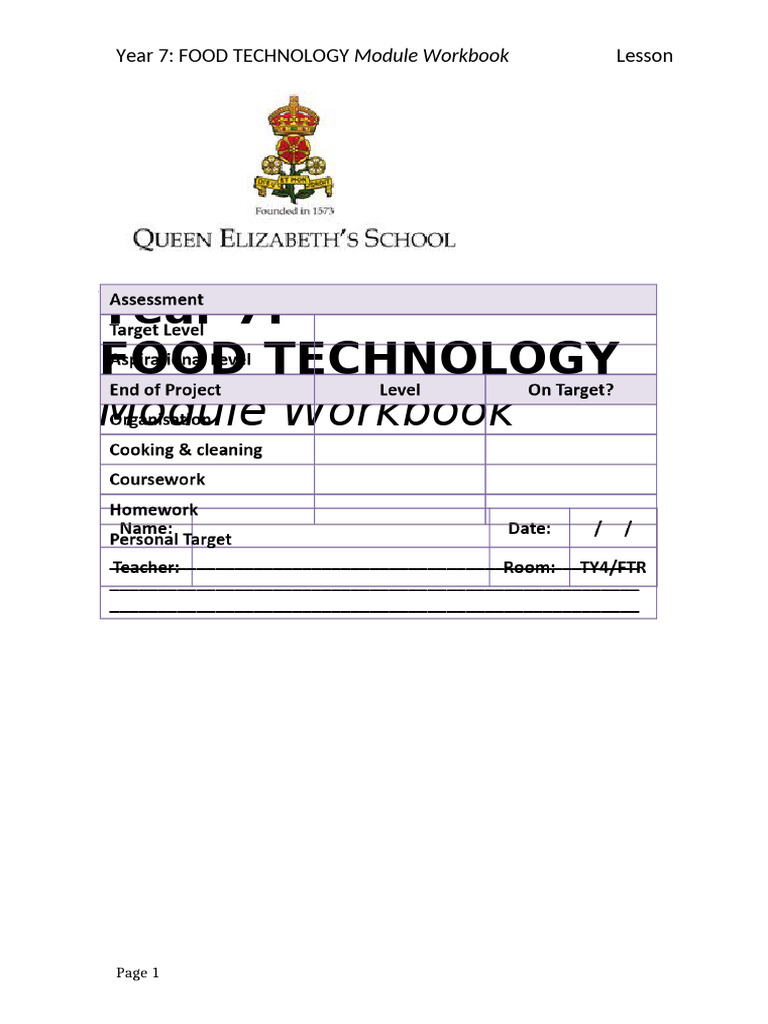 Year 7 Food Technology Module Worksheets | PDF