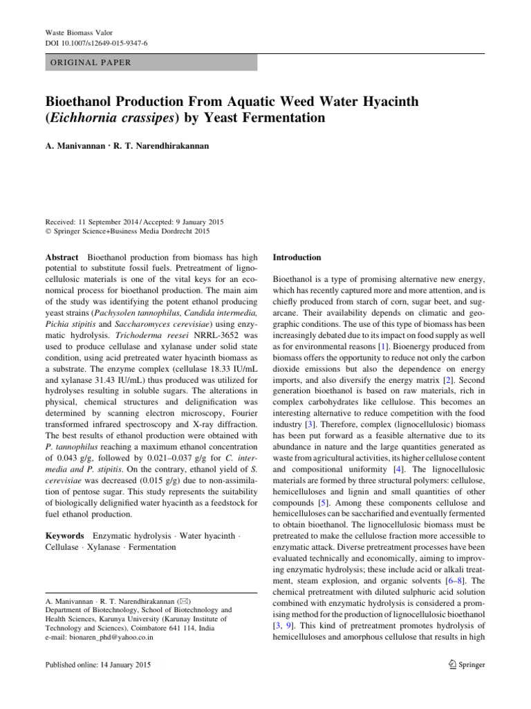 Bioethanol Production From Aquatic Weed Water Hyacinth | PDF