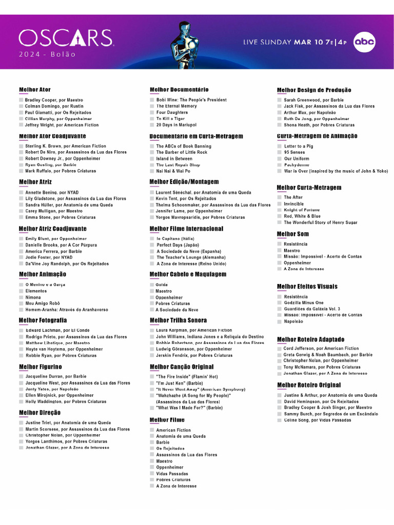 Oscars Bolao 2024 | PDF