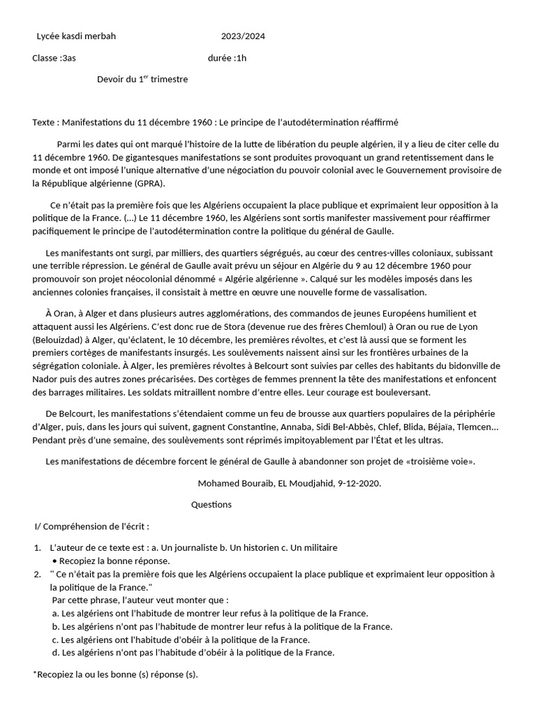 11 Decembre 1960 Devoir 3as | PDF