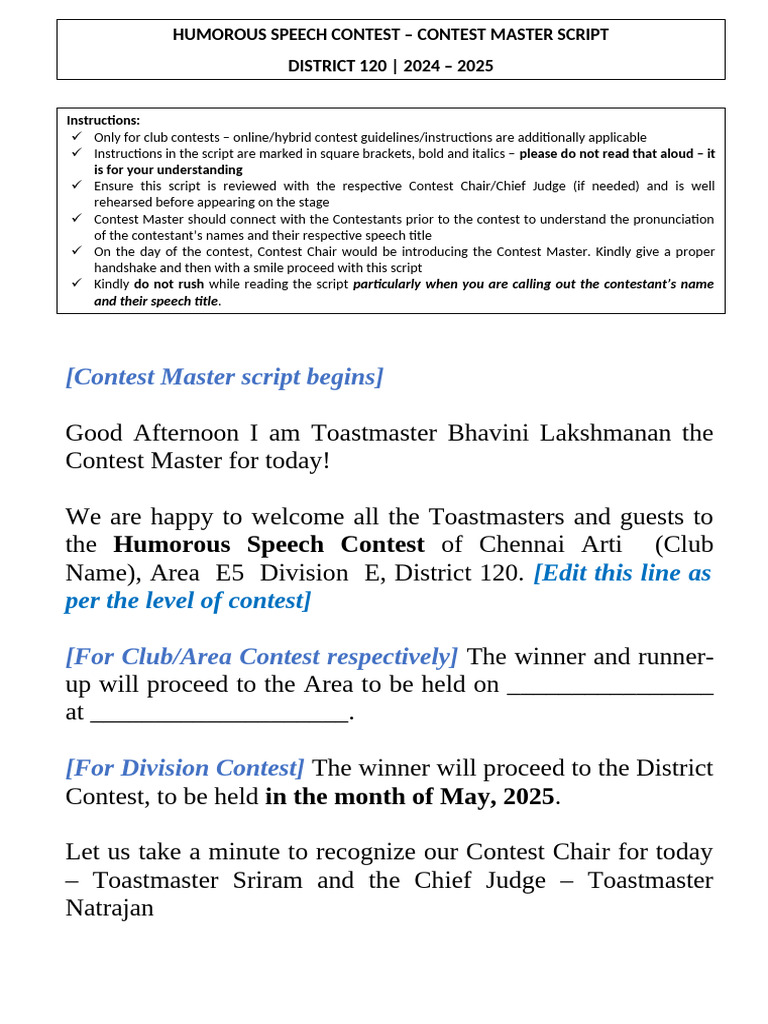 D120 Contest Master Script Humorous Speech Contest 2024 | PDF