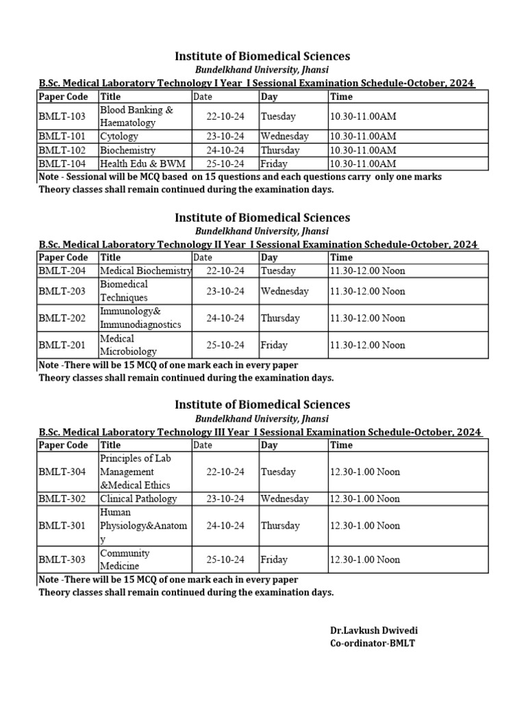 BMLT I II & III YEAR I SESSIONAL EXAM OCTOBER 2024 | PDF