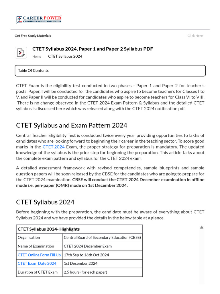 CTET Syllabus 2024, Paper 1 and Paper 2 Syllabus PDF | PDF