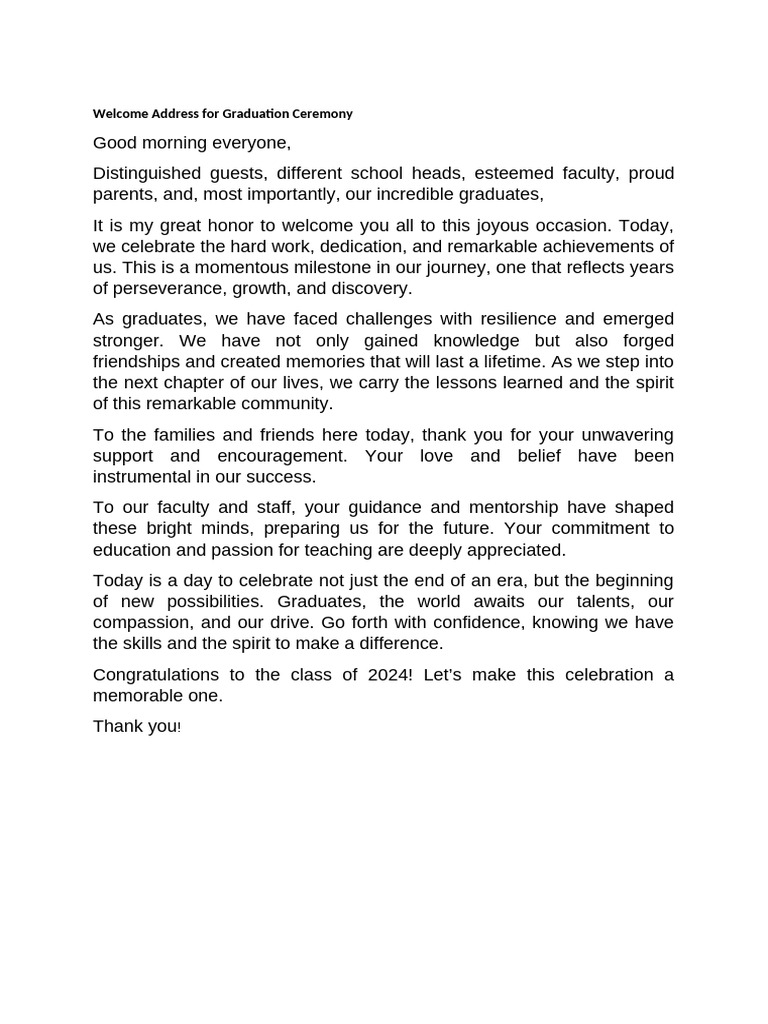 Welcome Address For Graduation Ceremony | PDF