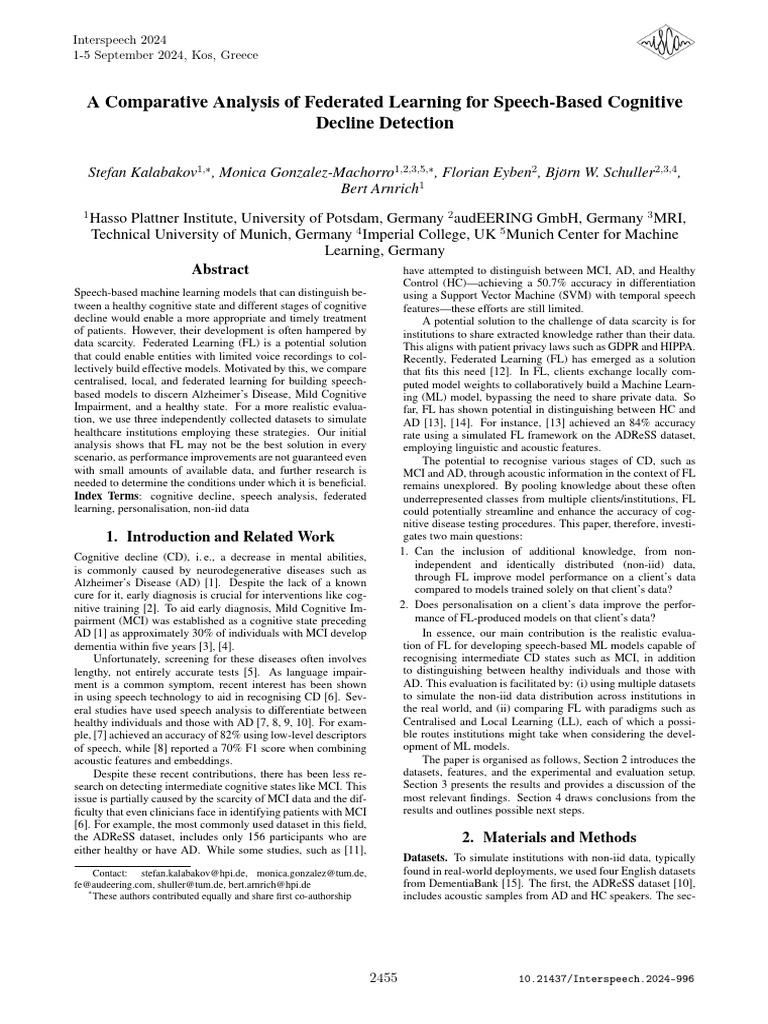 A Comparative Analysis Of Federated Learning For Speech Based Cognitive Decline Detection Pdf
