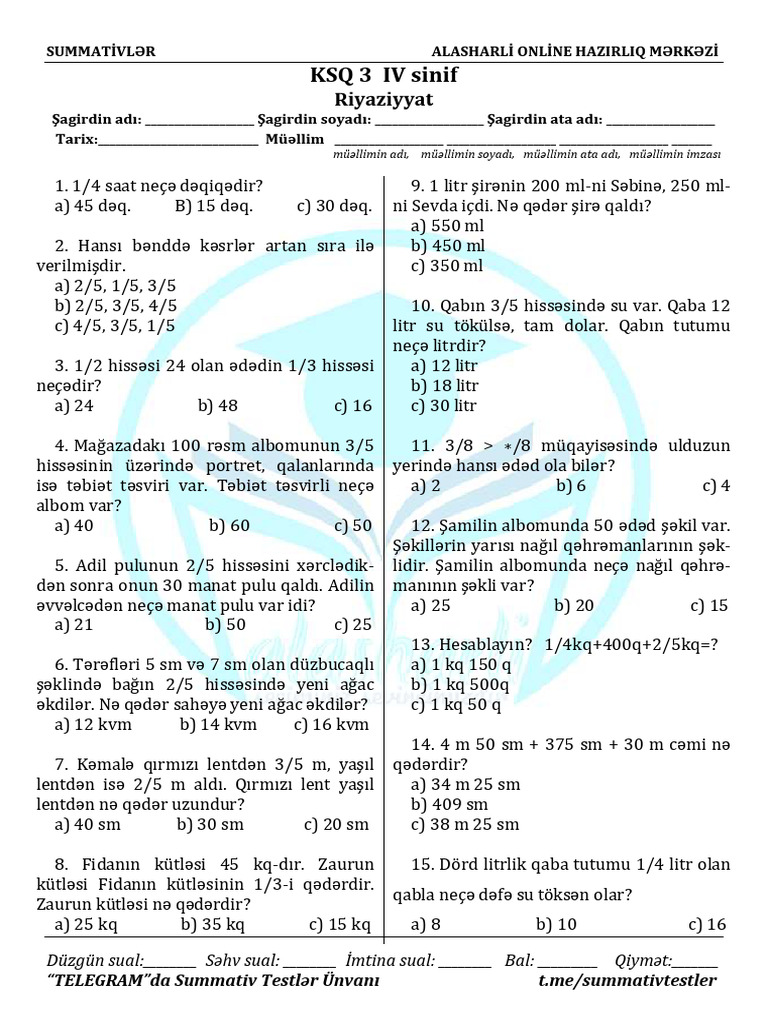 Riyaziyyat - KSQ 3 | PDF