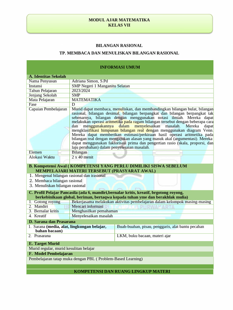 Modul Ajar Matematika - Membaca Dan Menuliskan Bilangan Rasional - Fase ...