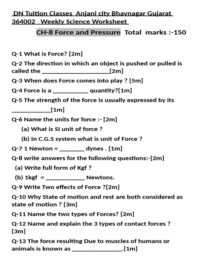 Science Worksheet Force and Pressure | PDF