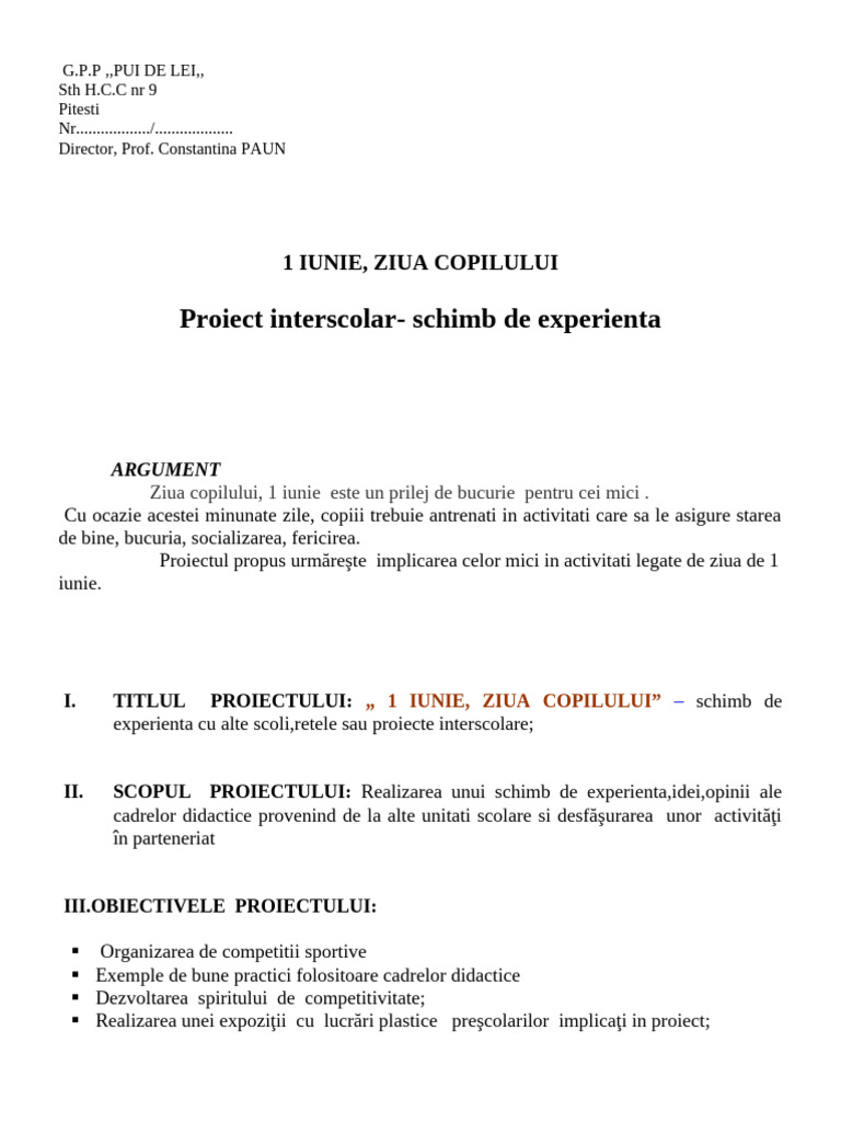 1 Proiect Interscolar Schimb de Experienta | PDF