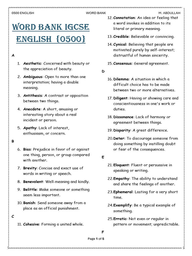 Word Bank English | PDF