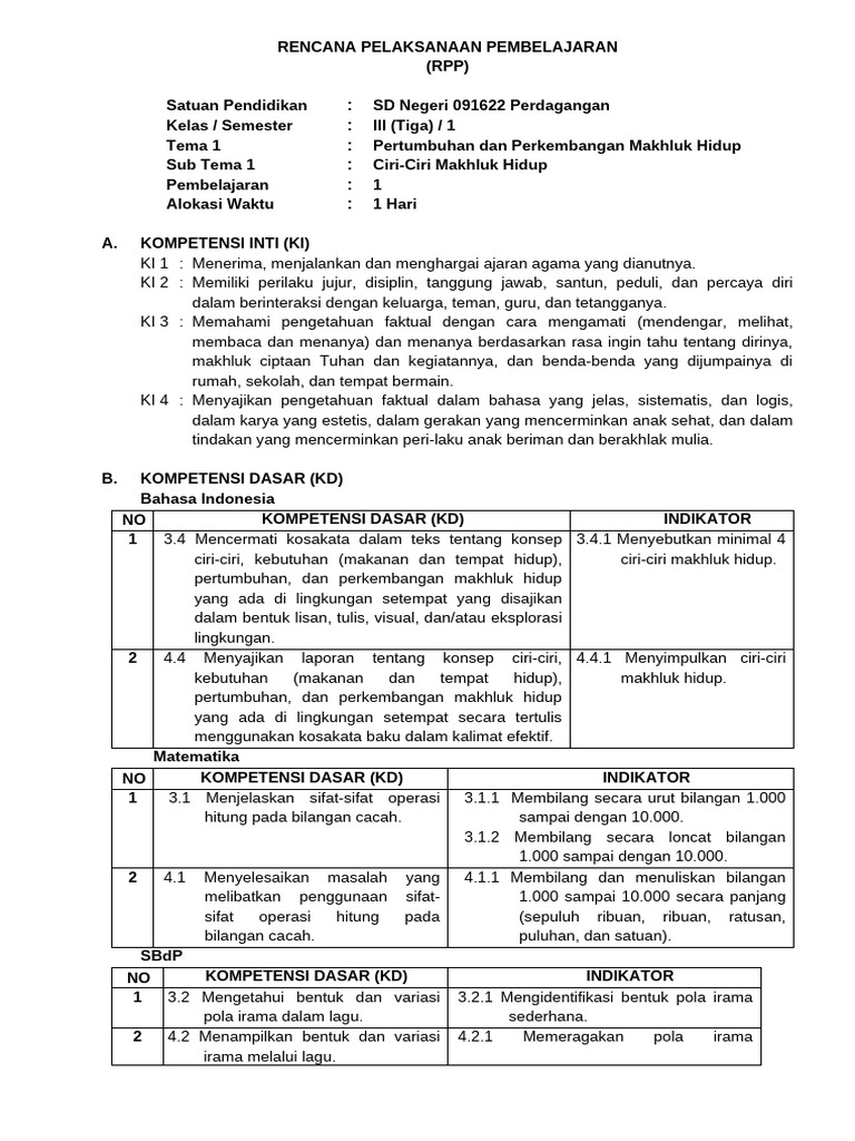 RPP K3 Tema 1 ST 1 Rev. 2018 | PDF