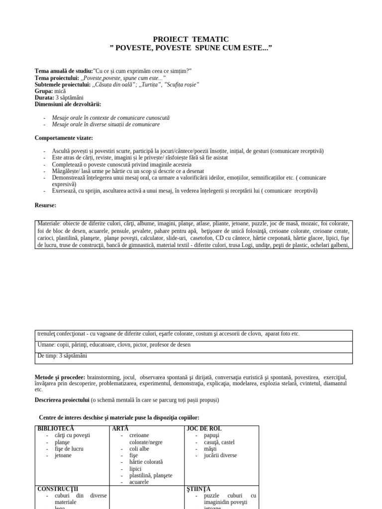Proiect Tematic Povestiile | PDF