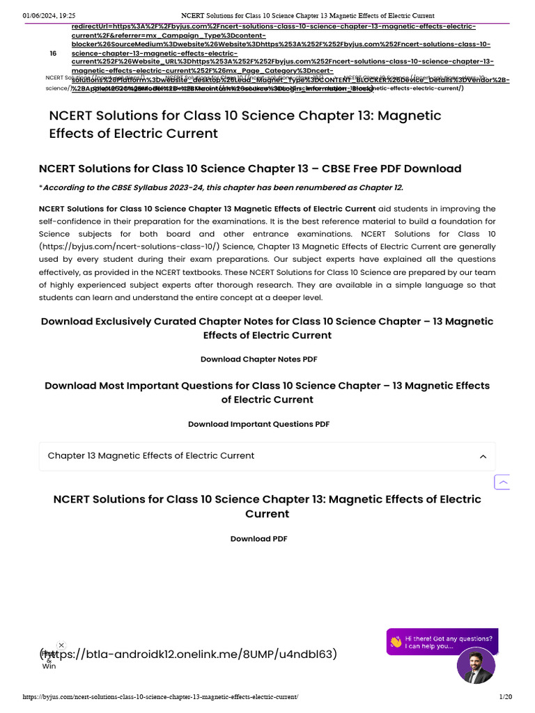 NCERT Solutions For Class 10 Science Chapter 13 Magnetic Effects of Electric Current | PDF ...