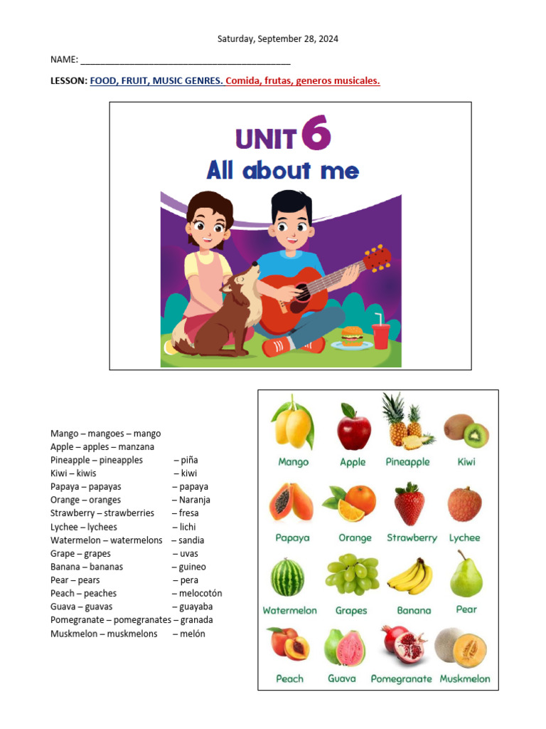 1° A Semana 6 FOOD, FRUIT, MUSIC GENNRES Worksheet | PDF