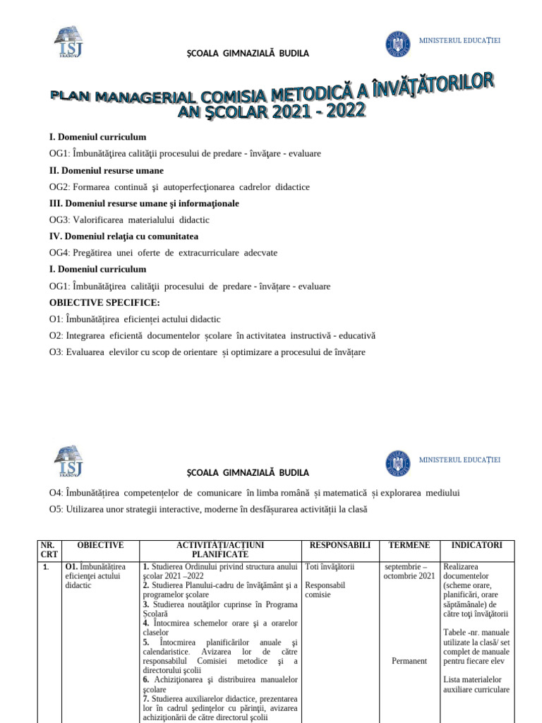 Plan Managerial Comisie Metodica 20202021 | PDF
