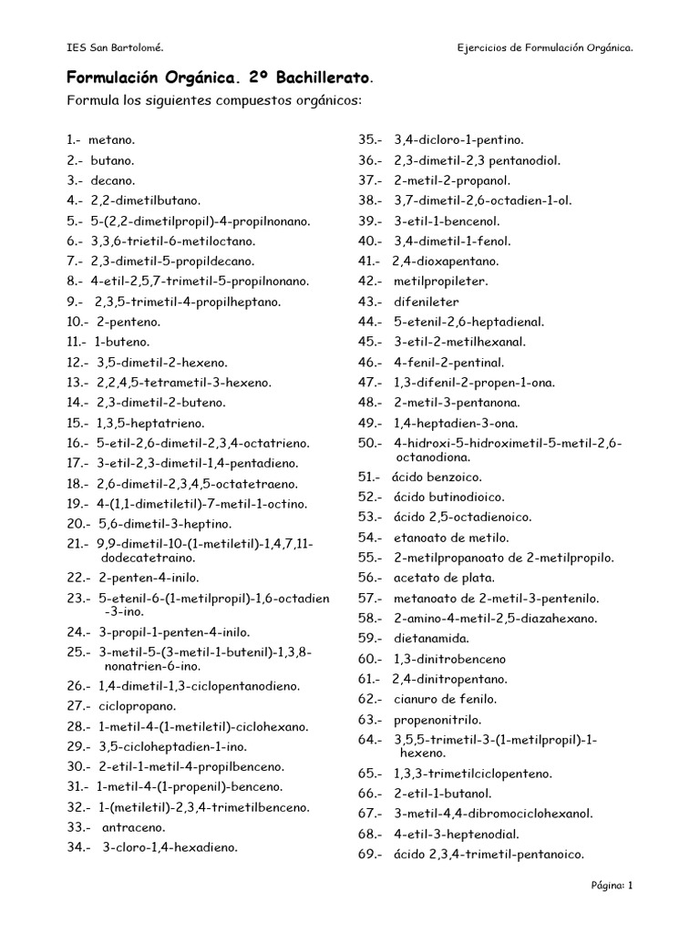 Formulación - Ejercicios de Formulación Orgánica | PDF