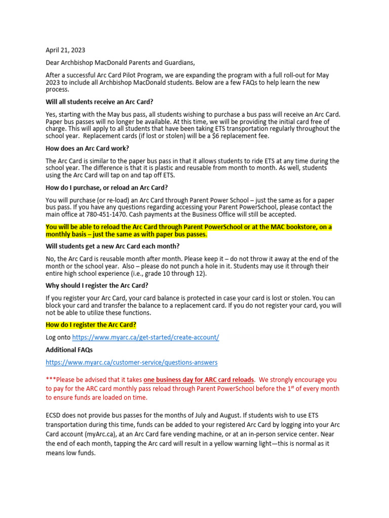 Arc Card Note To Parents and Guardians April 2023 | PDF