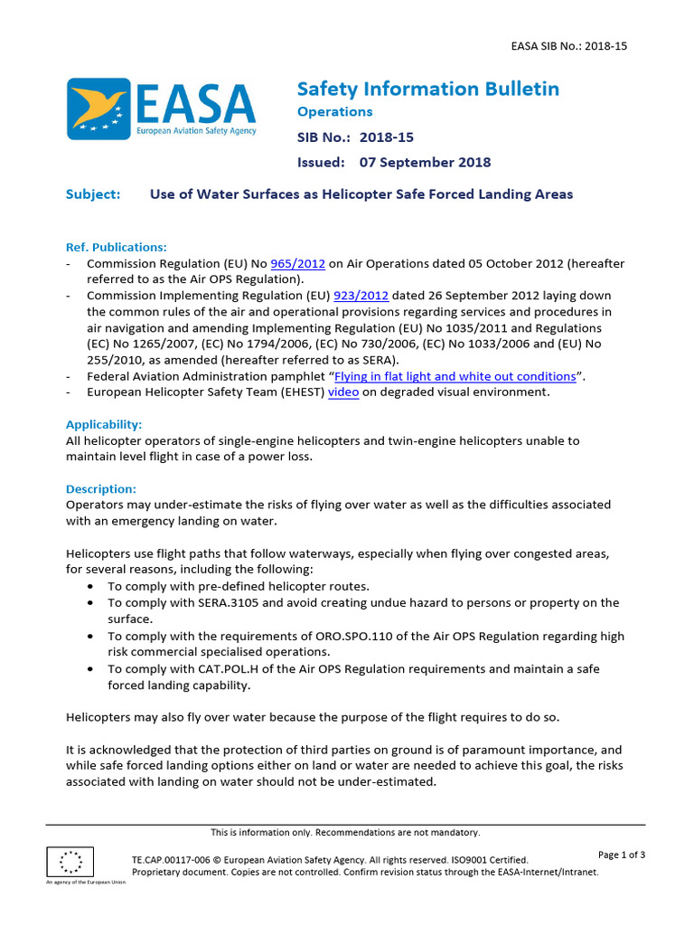 EASA - SIB Use of Water Surfaces As Helicopter Safe Forced Landing ...