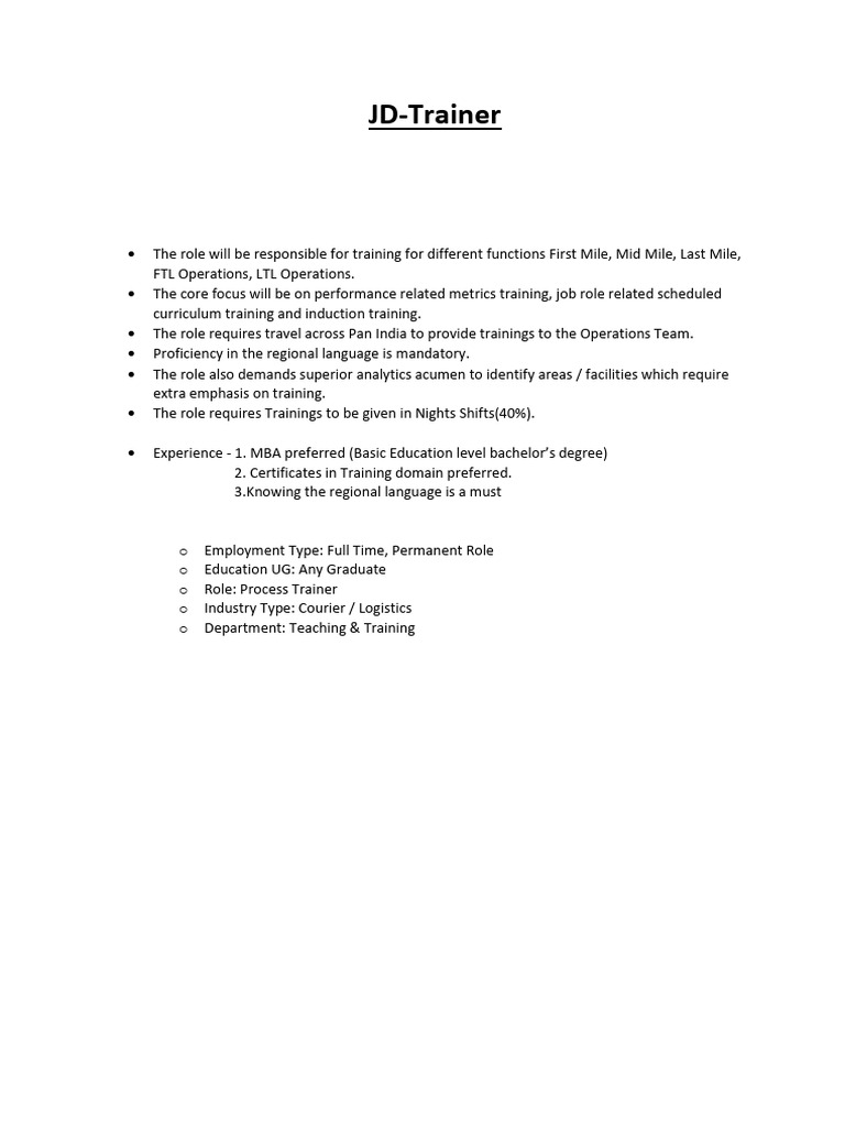 JD-Trainer (Delhivery Academy) | PDF