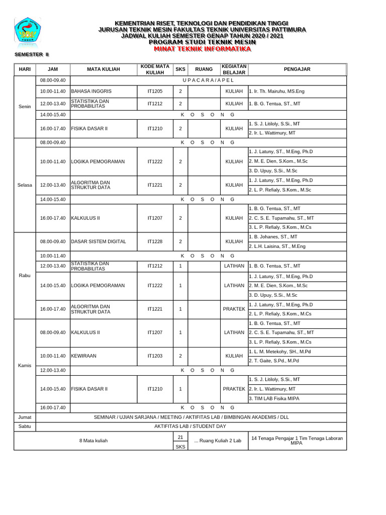 Jadwal INFORMATIKA gENAP 2020 - 2021 | PDF
