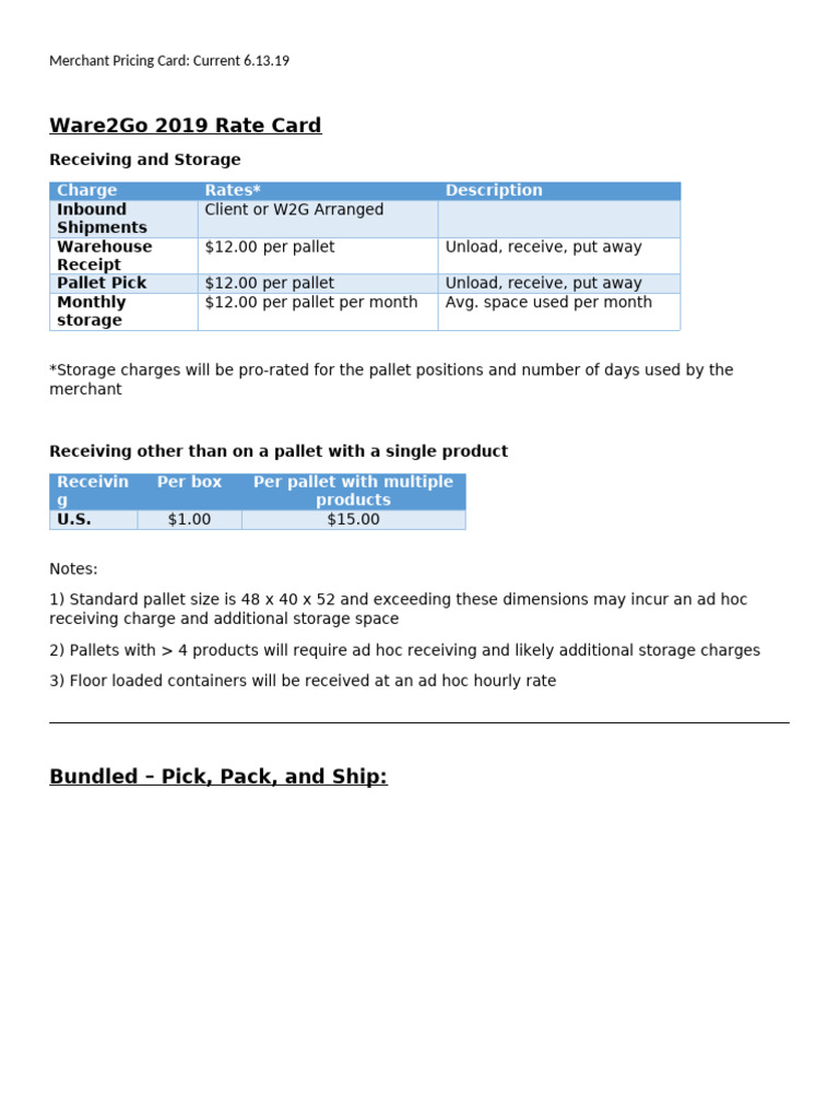 W2G Pricing and Rate Card | PDF