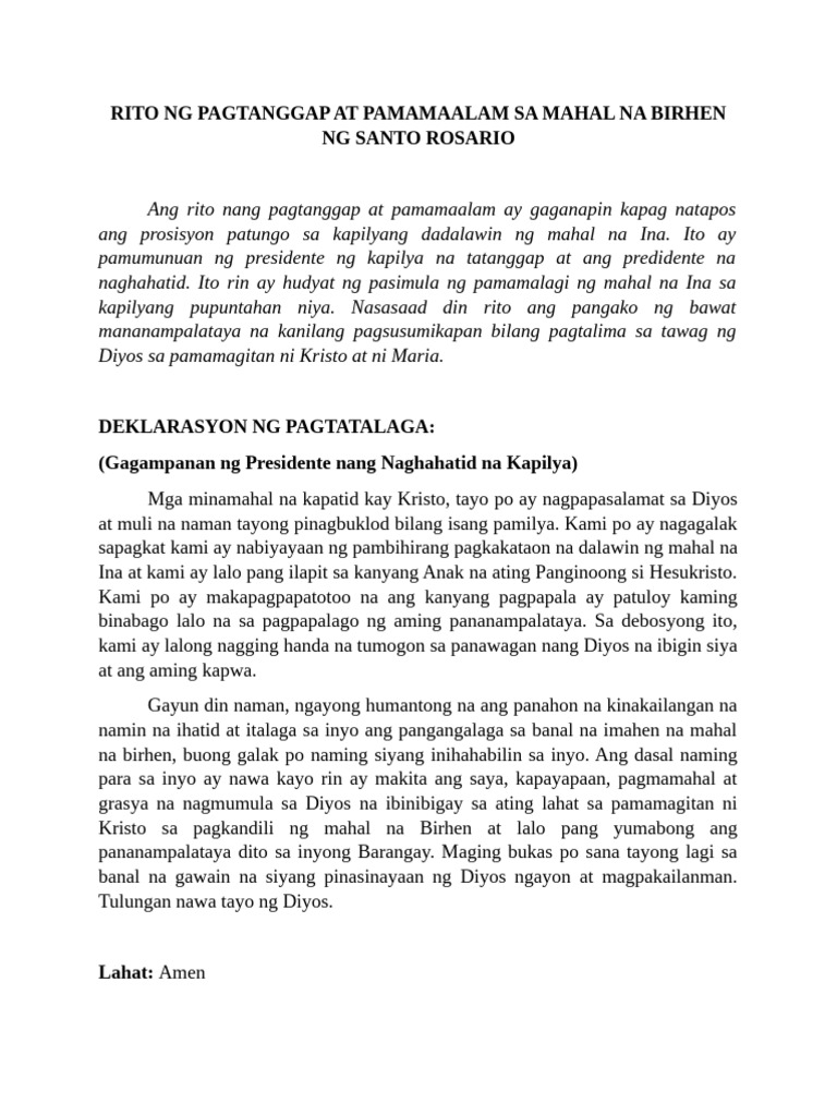 Rito NG Pagtanggap at Pamamaalam Sa Mahal Na Birhen NG Santo Rosario | PDF