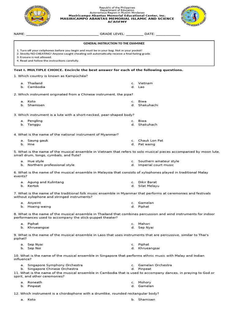 MAPEH 8 1ST GRADING EXAM | PDF