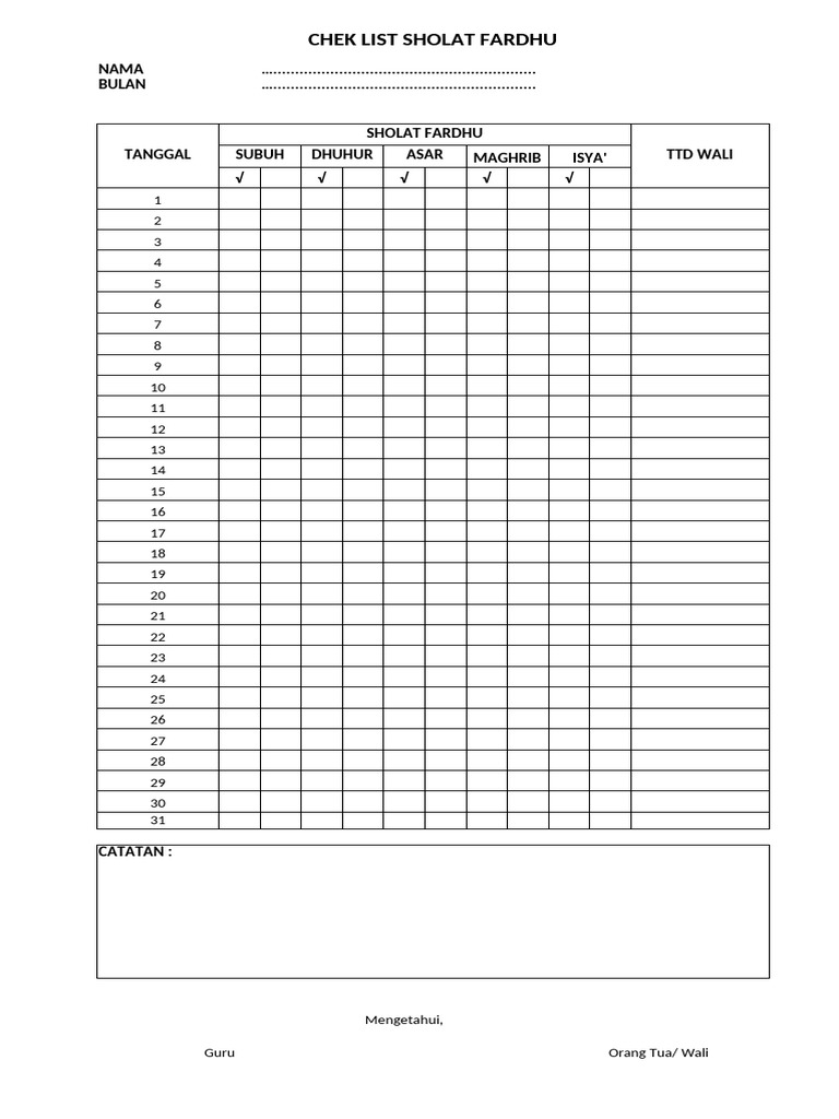 CHEK LIST SHOLAT FARDHU | PDF