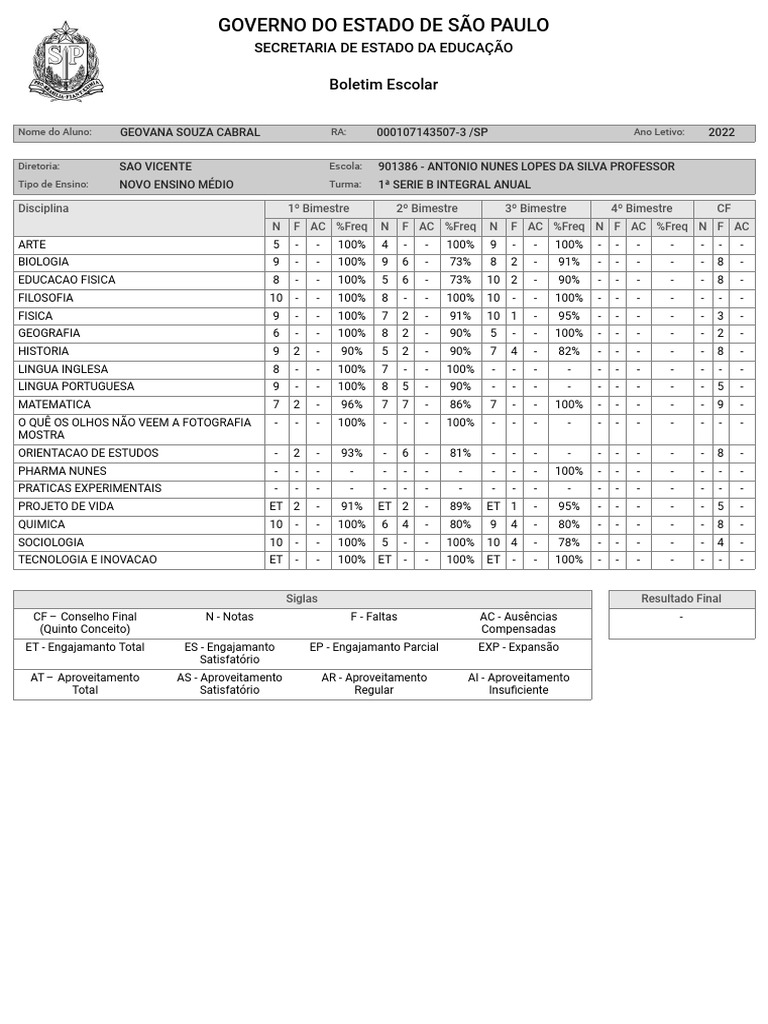 Boletim Escolar Do Aluno | PDF