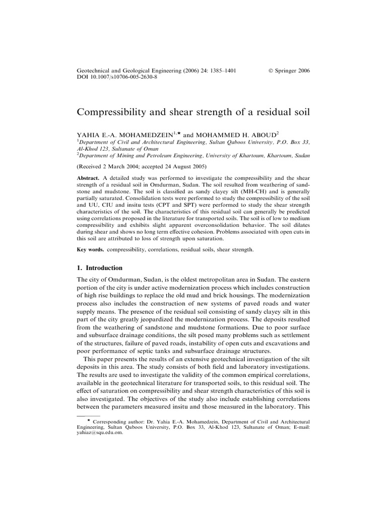 Compressibility and Shear Strength of A Residual Soil | PDF