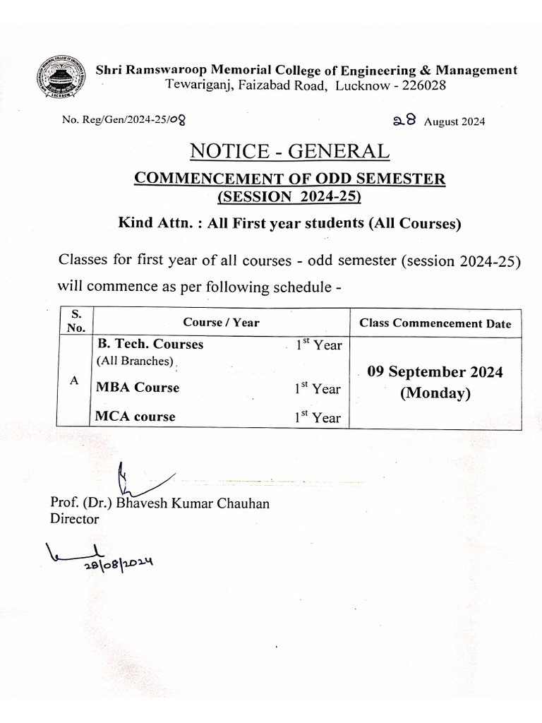 Notice Gen-Commencement of Classes 2024-25 first year | PDF