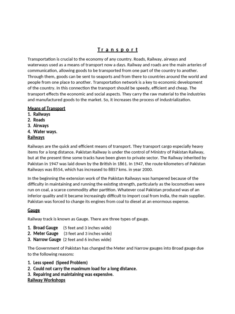 Past Papers Notes Transport and telecommunications | PDF