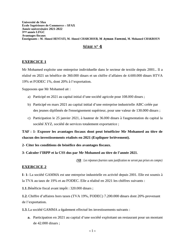 Serie Avantages Fiscaux 3eme LFGC 2021 2022 Enonces | PDF