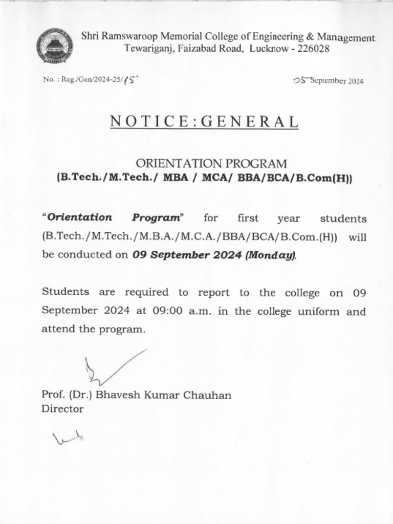 Notice-Gen Orientation Program For First Year | PDF