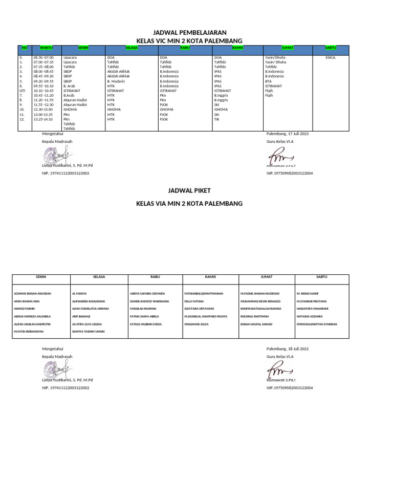 Jadwal Pelajaran Kelas 6C | PDF