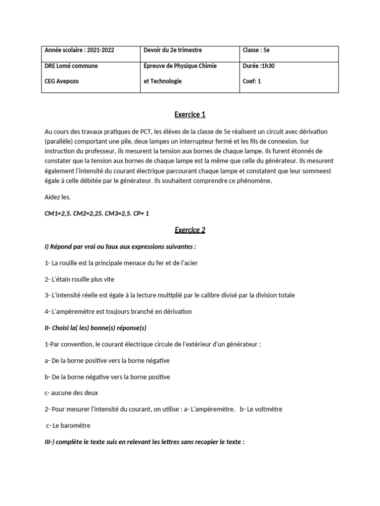 2e Devoir PCT 5e 2022 | PDF