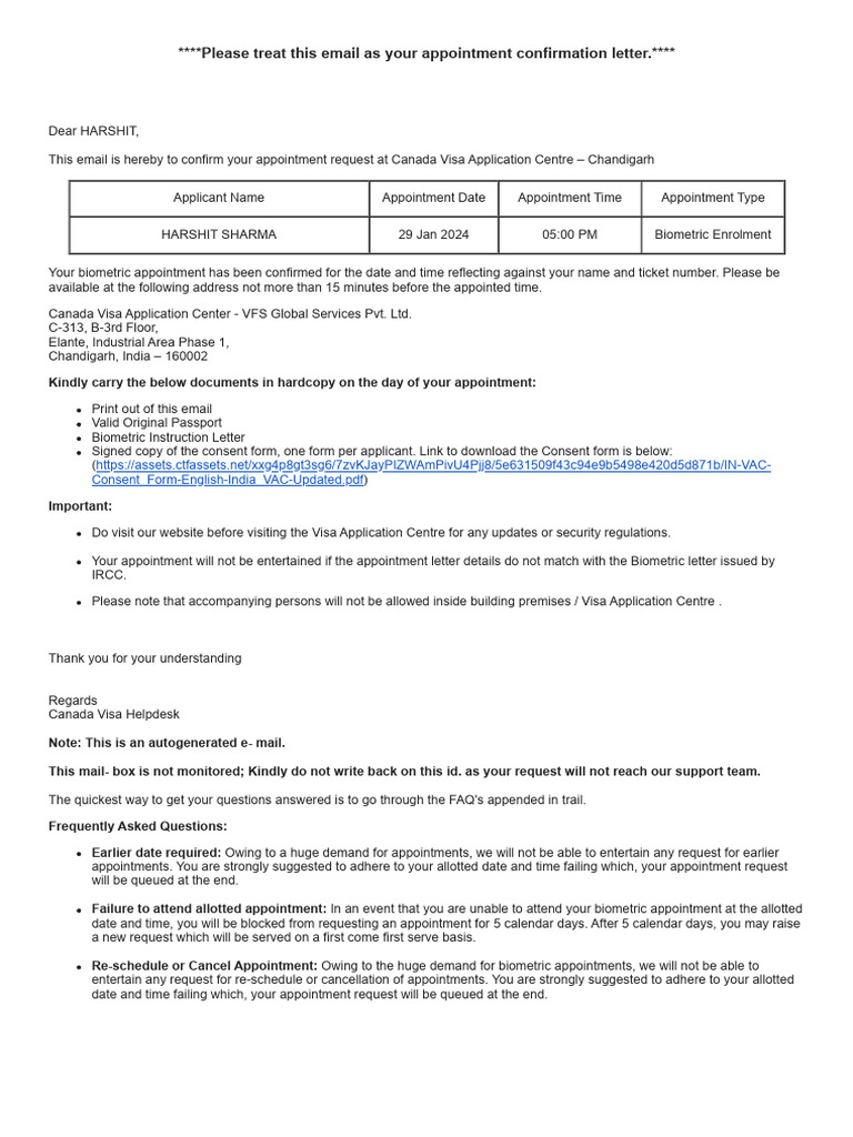 Biometric Appointment Letter - Do Not Reply | PDF