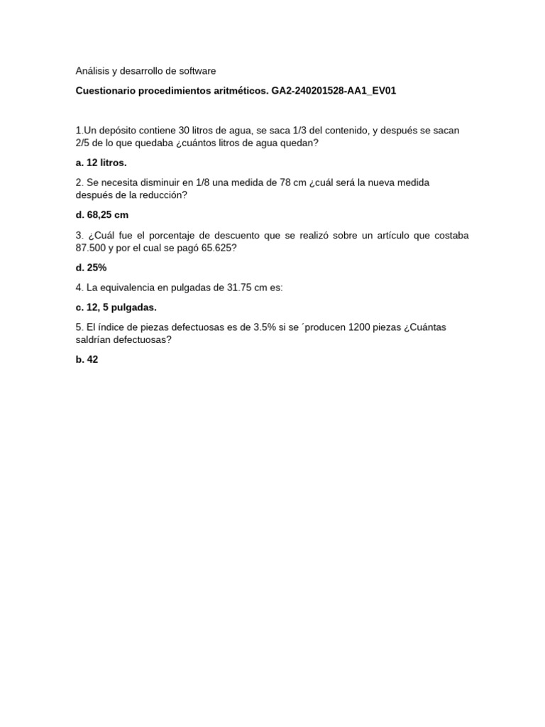 Cuestionario Procedimientos Aritméticos. GA2-240201528-AA1 - EV01 | PDF
