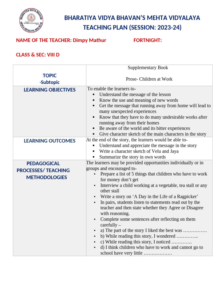 Teaching Plan 8 - Children at Work | PDF